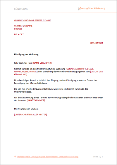 K ndigung Mietvertrag  Wohnung Word Vorlage  umzugcheckliste org